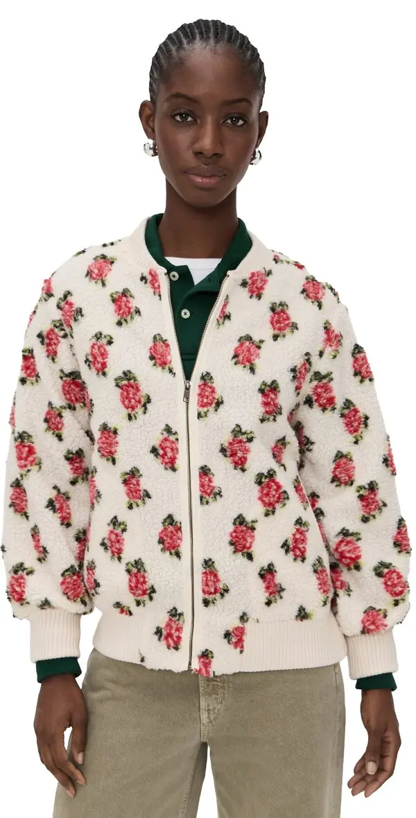 The Great. Zip Front Floral Plush Bomber Jacket