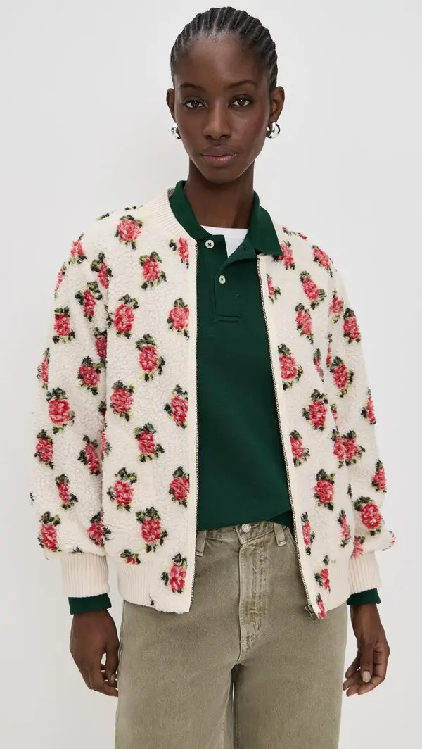 The Great. Zip Front Floral Plush Bomber Jacket