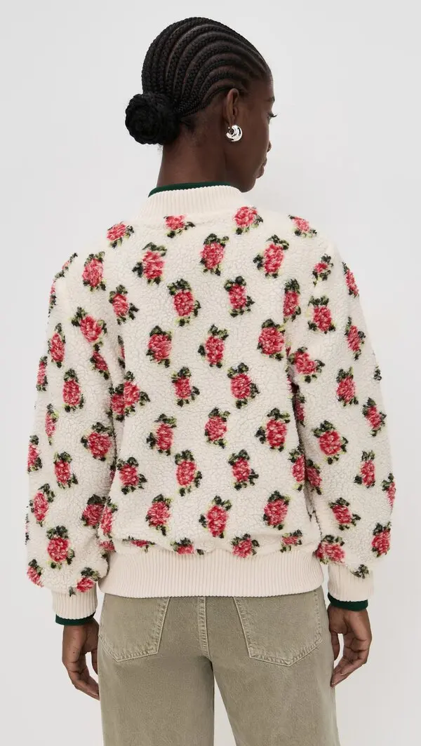 The Great. Zip Front Floral Plush Bomber Jacket