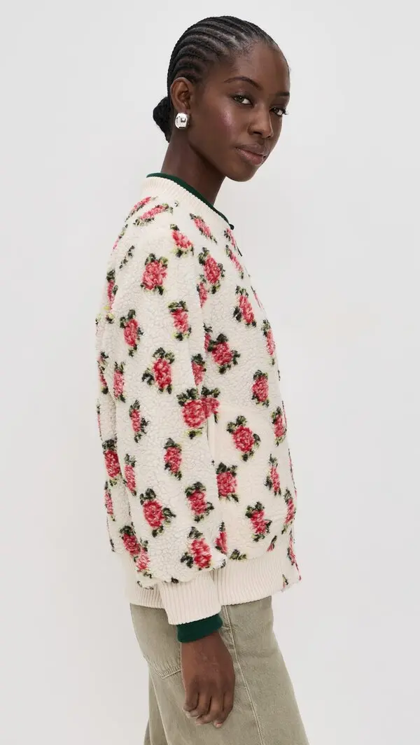 The Great. Zip Front Floral Plush Bomber Jacket