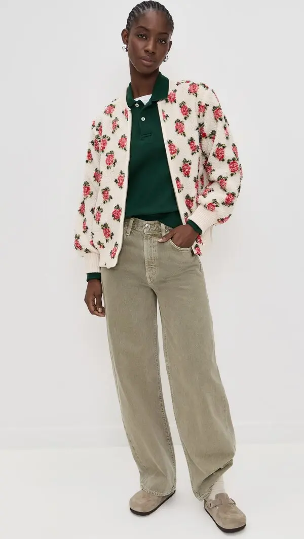 The Great. Zip Front Floral Plush Bomber Jacket