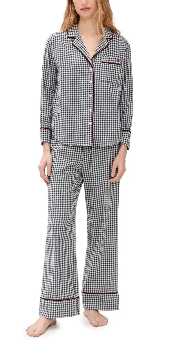 MAREA Flannel Gingham Piped Pajama Set - Navy Gingham