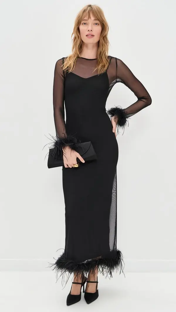 Never Fully Dressed Mesh Feather Trim Maxi Dress In Black - 30% Off