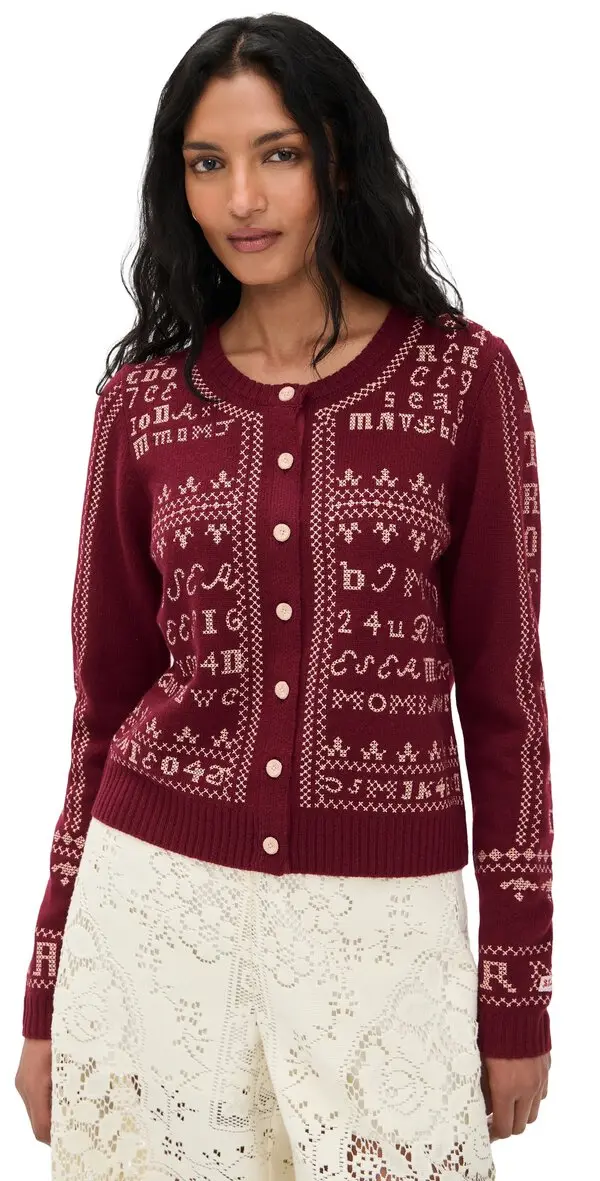 Sea Kit Embroidery Cardigan - Burgundy