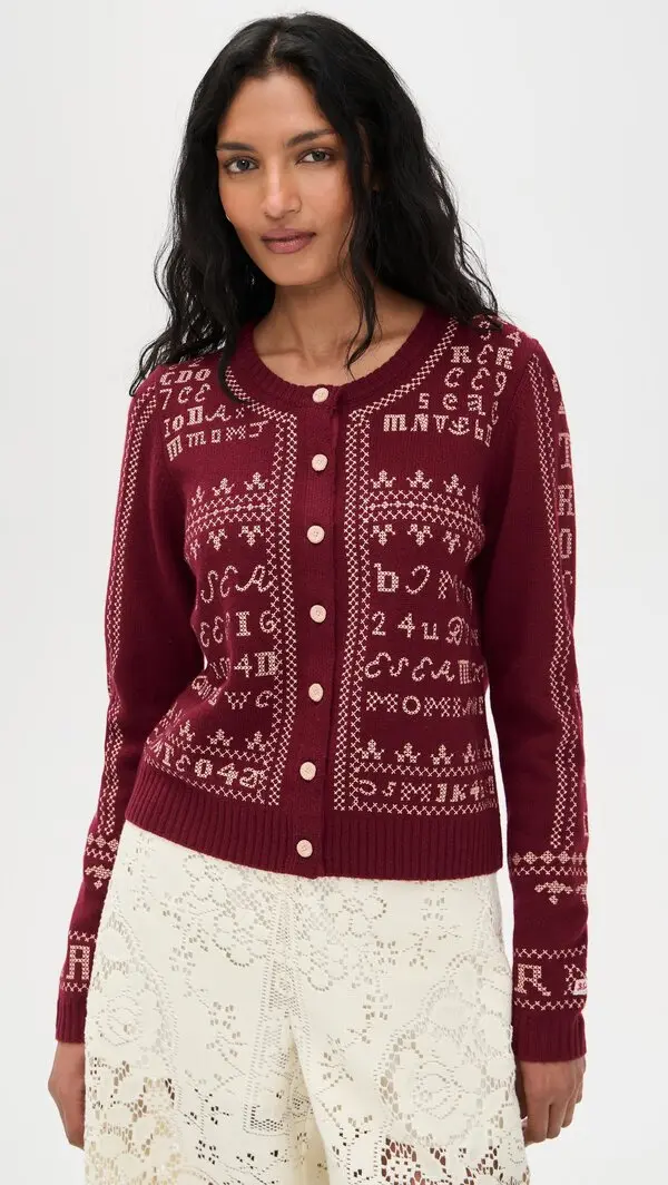 Sea Kit Embroidery Cardigan - Burgundy