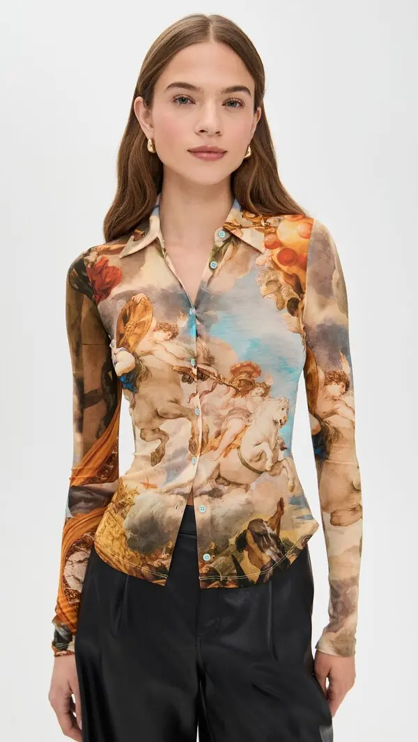 Alice + Olivia Jade Mesh Renaissance Print Button-down