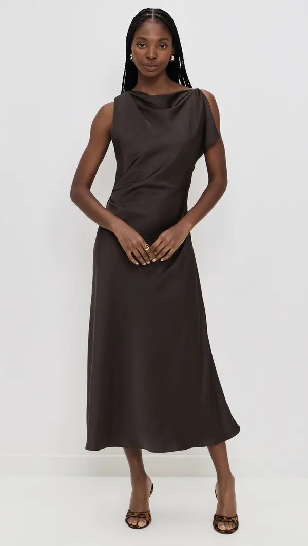 La Ligne Asymmetrical Draped Midi Dress - Chocolate | Editorialist