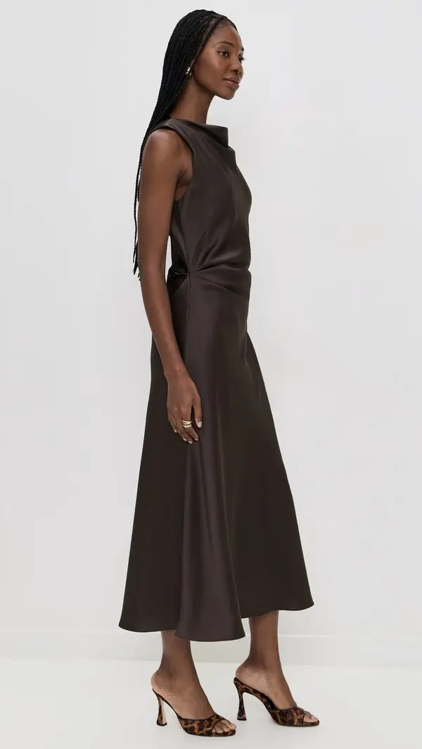 La Ligne Asymmetrical Draped Midi Dress - Chocolate | Editorialist