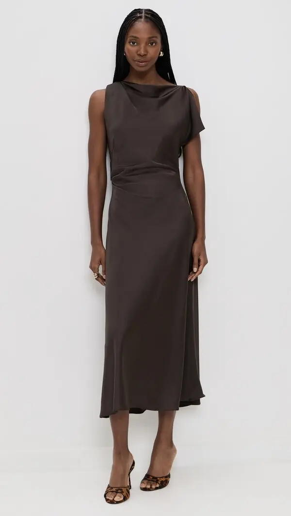 La Ligne Asymmetrical Draped Midi Dress - Chocolate | Editorialist
