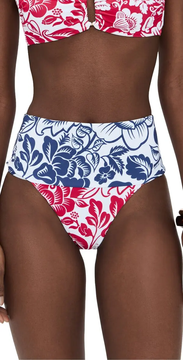 Farm Rio High Waist Bikini Bottom - Cashew And Birds Red And Blue