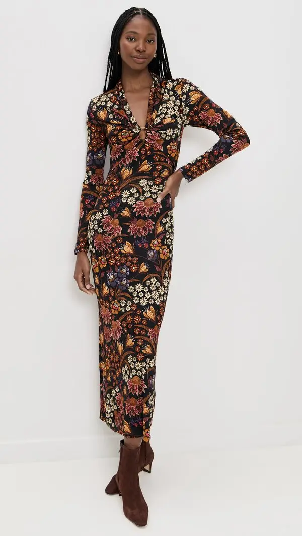 knee length dresses for ladies Black Floral Chiffon Square Neck 3/4 Ruffle Sleeve Maxi Dress main image 1