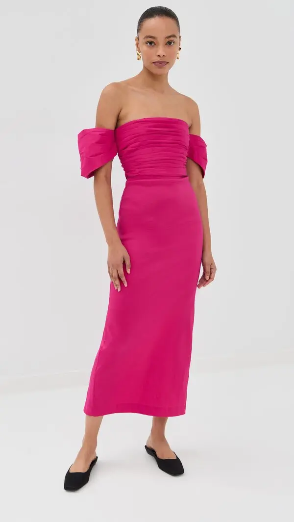 KIKA VARGAS Off Shoulder Pleated Maxi Dress - Fuchsia