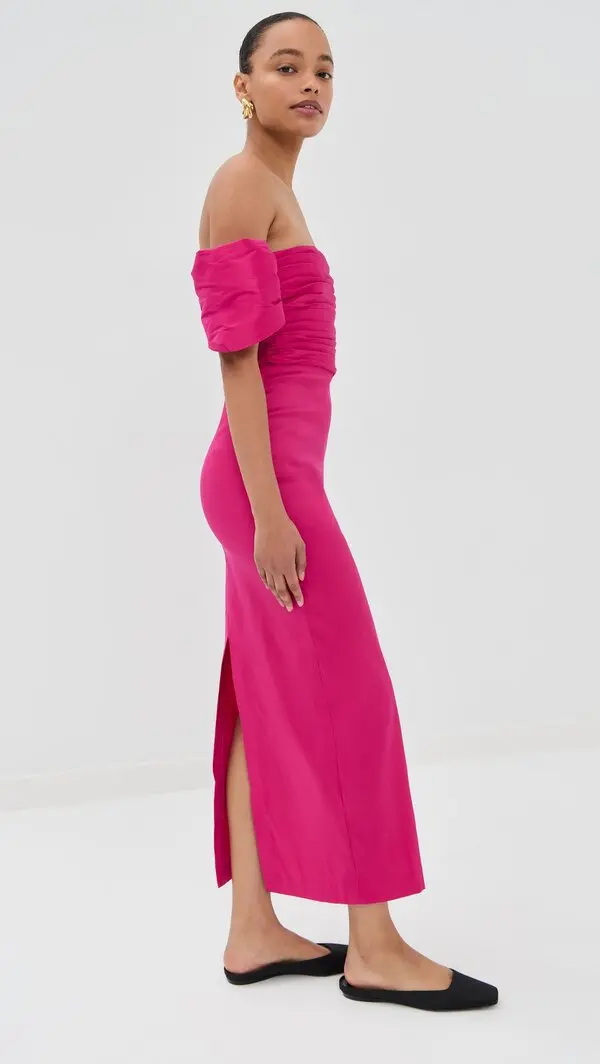 KIKA VARGAS Off Shoulder Pleated Maxi Dress - Fuchsia