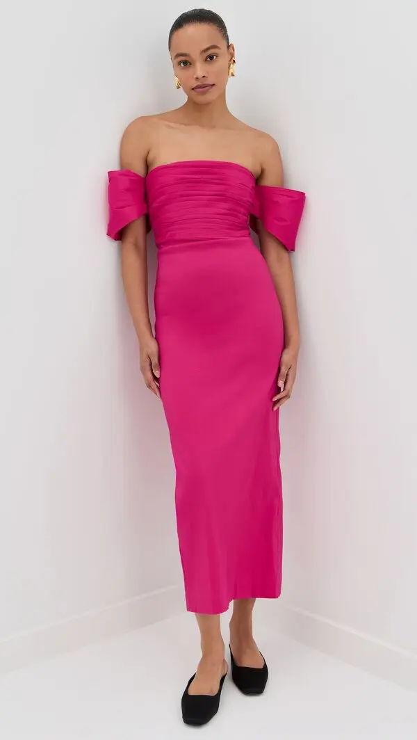 KIKA VARGAS Off Shoulder Pleated Maxi Dress - Fuchsia