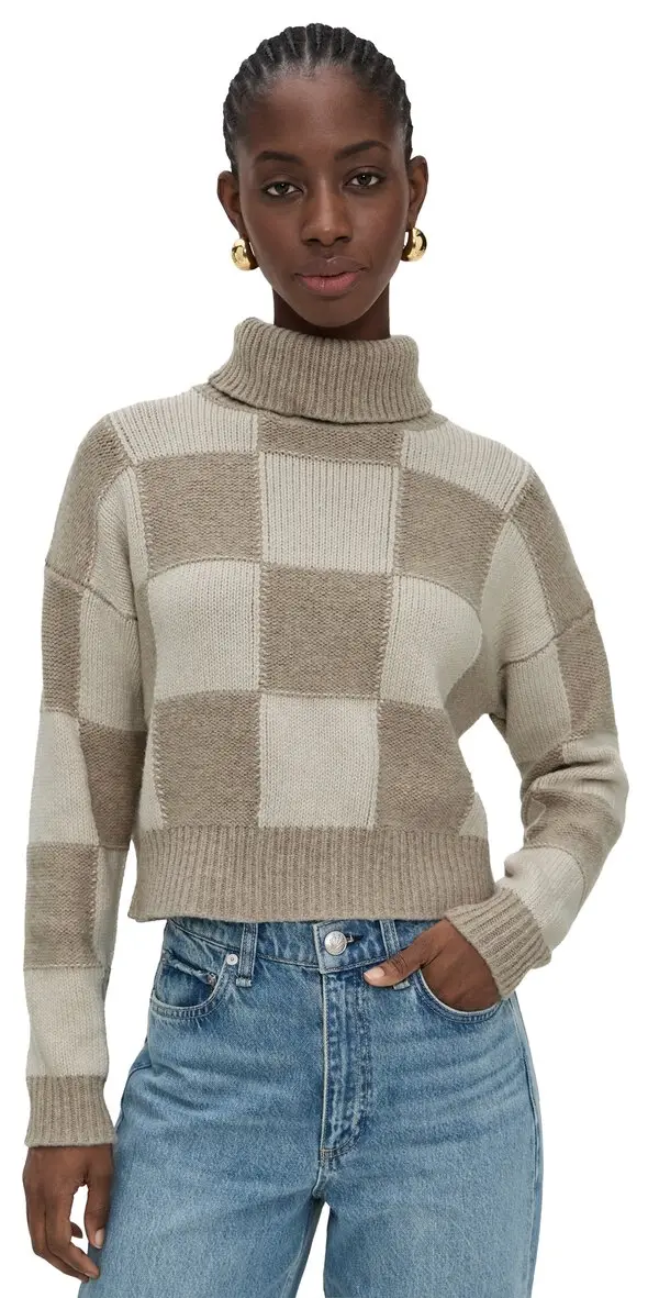 Splendid Checkerboard Turtleneck Sweater - P Oak H/cap Htr