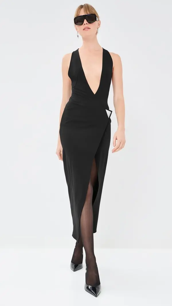 Attico Sleeveless Faux Wrap Midi Dress With Silver-tone Hardware