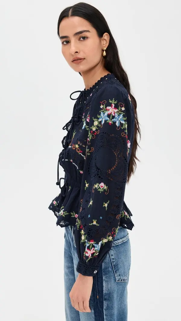 Sea Edwina Embroidered Tie-front Top