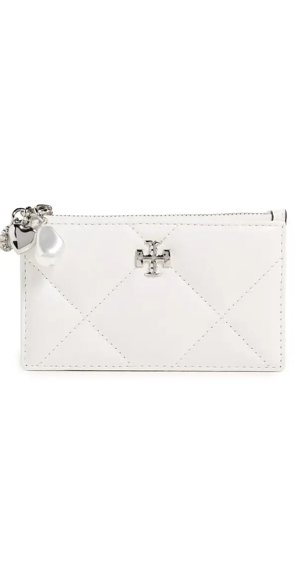 Tory Burch Kira Diamond Quilt Distressed Charm Zip Card Case - Blanc