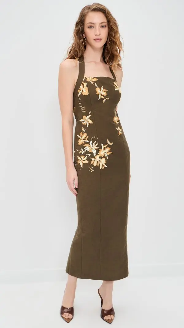 Hemant & Nandita Halter Neck Embroidered Floral Maxi Dress In Brown - 40%  Off | Editorialist