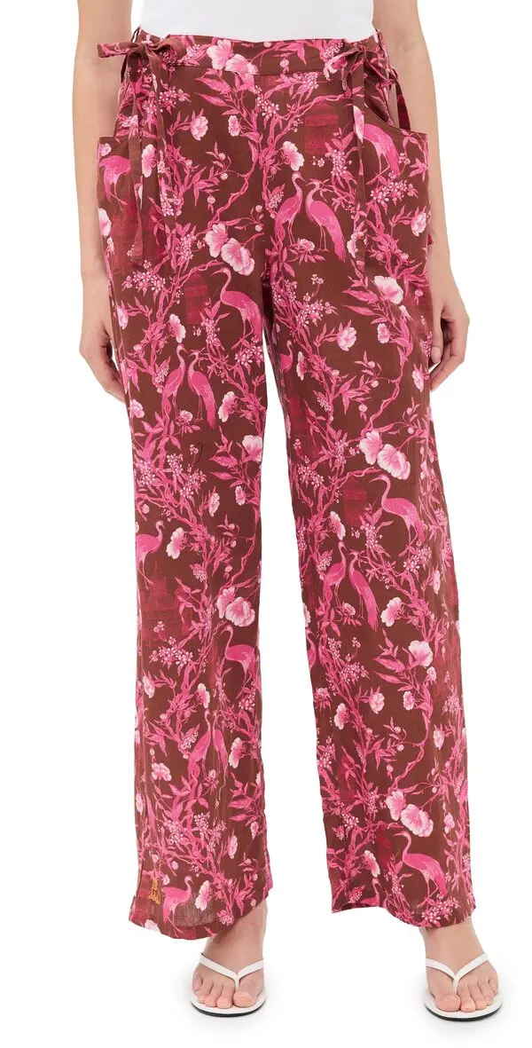 CONIGLIO PALM BEACH Floral And Crane Print Snap Pants - Cranes Pink Teakwood
