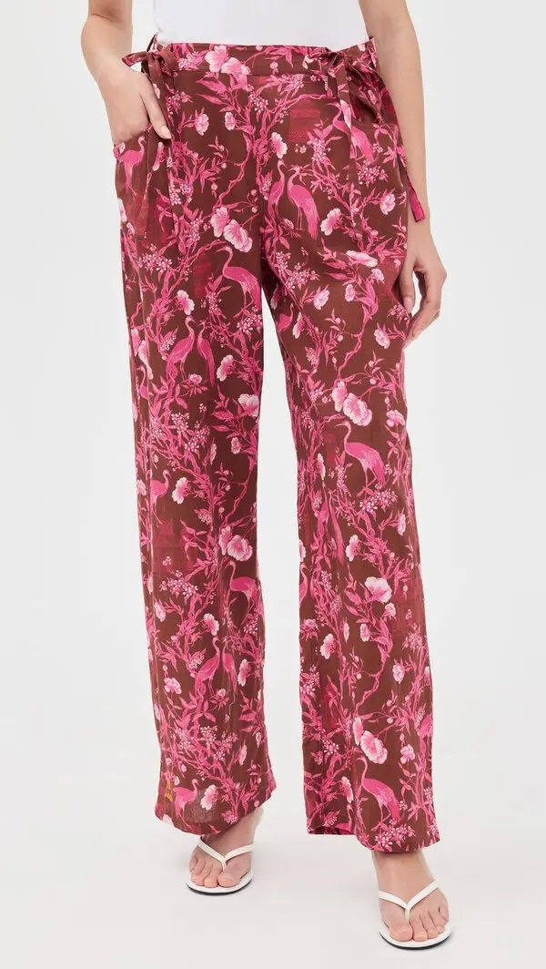CONIGLIO PALM BEACH Floral And Crane Print Snap Pants - Cranes Pink Teakwood
