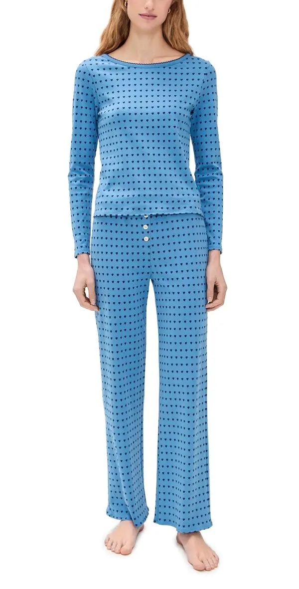 Morgan Lane Ellie Pajama Set In Floating Hearts - Indigo