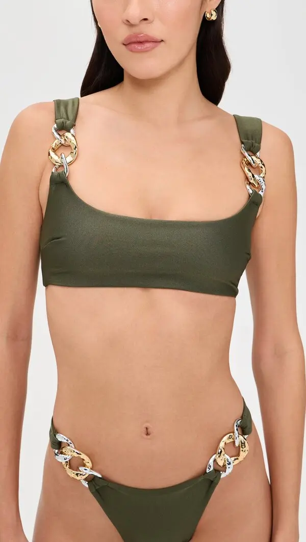 Simkhai Wilda Scoop Neck Bikini Top With Hammered Chain-link Detail - Fern