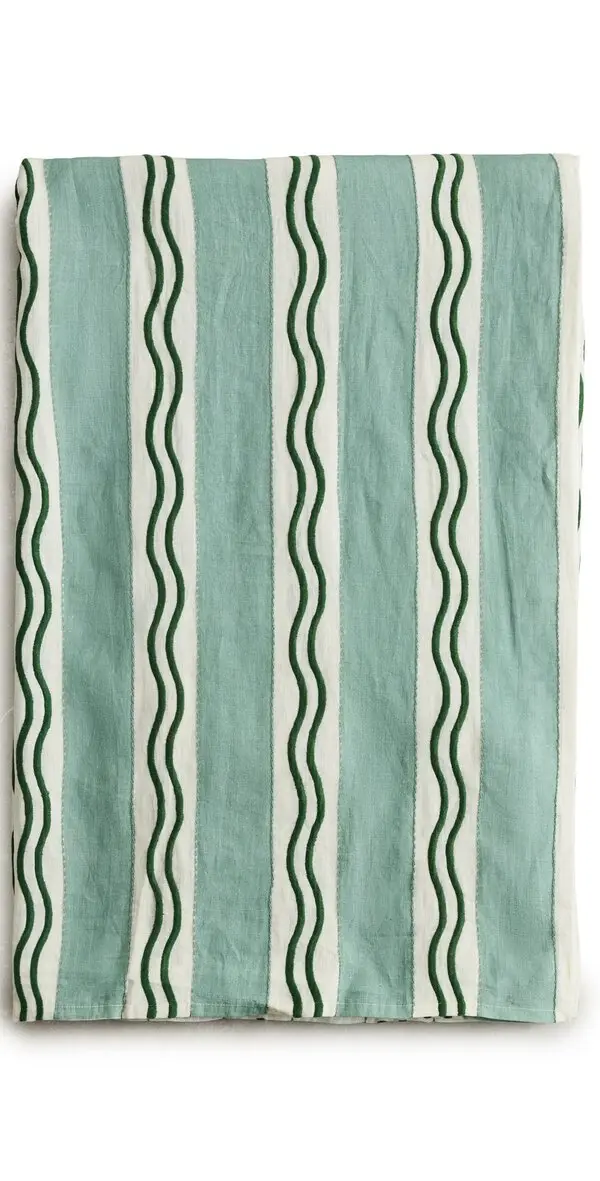 MISETTE Stripe Embroidered Linen Tablecloth - Green