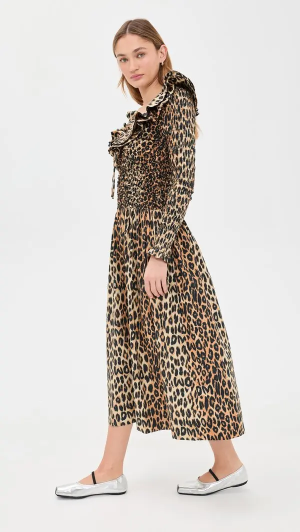 Damson Madder Harper Shirred Midi Dress | Tan/Print | Size 8 | Shopbop