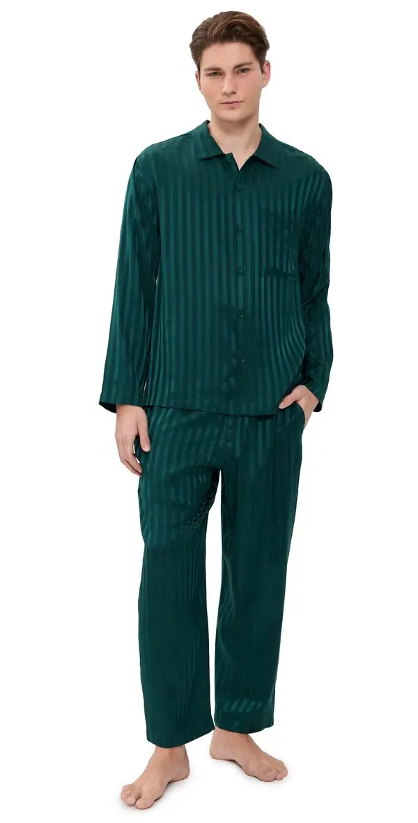 Lunya Washable Silk Striped Jacquard Button Up Set