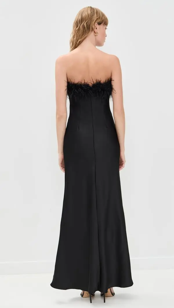 RUNAWAY THE LABEL Ariana Strapless Feathered Maxi Dress