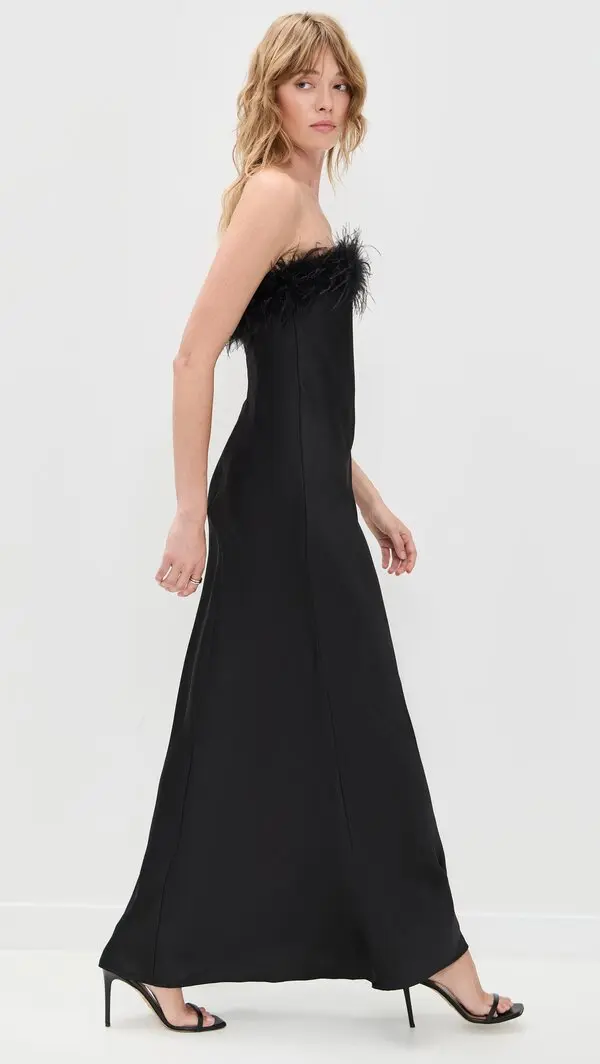 RUNAWAY THE LABEL Ariana Strapless Feathered Maxi Dress