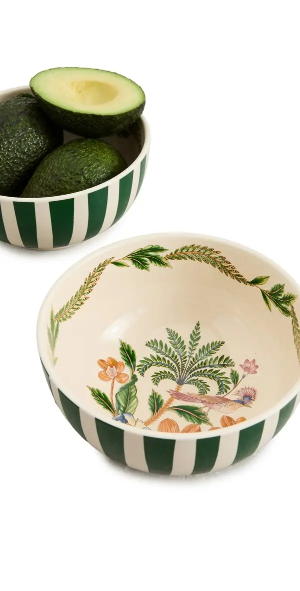 Farm Rio Set Of 2 Ceramic Bowls With Tropical And Stripe Prints