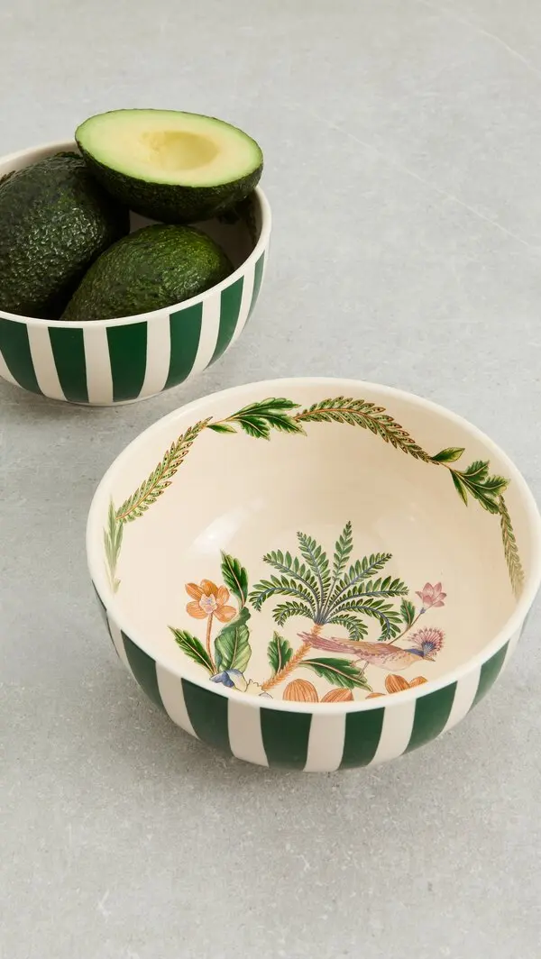 Farm Rio Set Of 2 Ceramic Bowls With Tropical And Stripe Prints