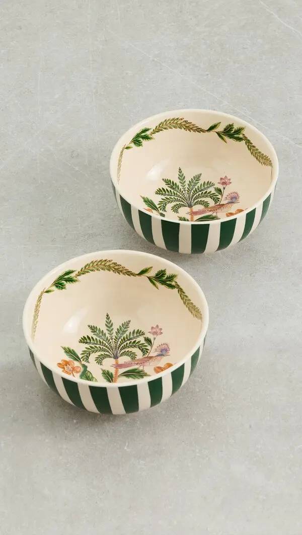 Farm Rio Set Of 2 Ceramic Bowls With Tropical And Stripe Prints