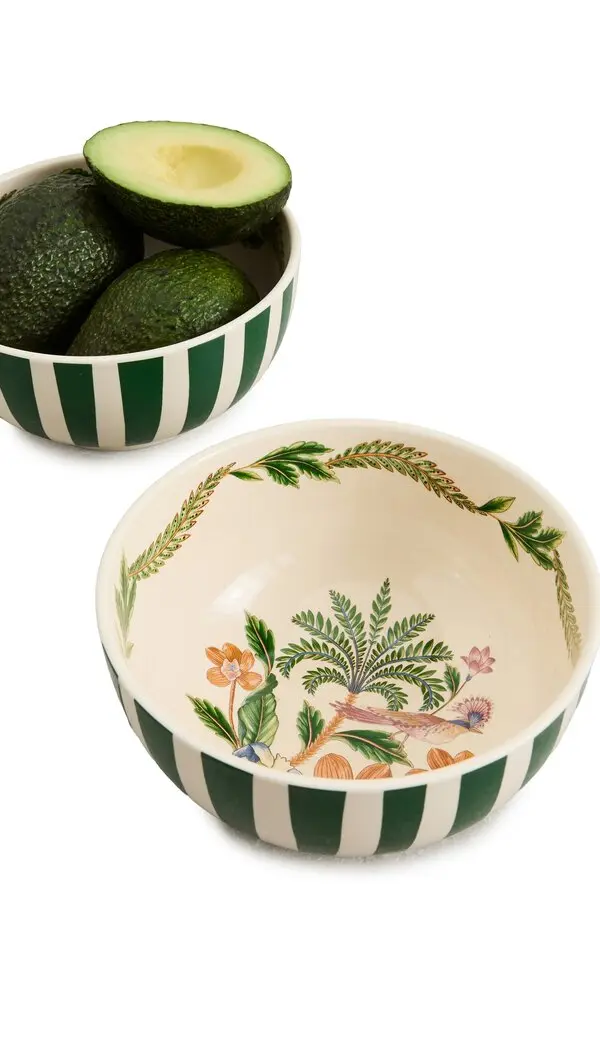 Farm Rio Set Of 2 Ceramic Bowls With Tropical And Stripe Prints