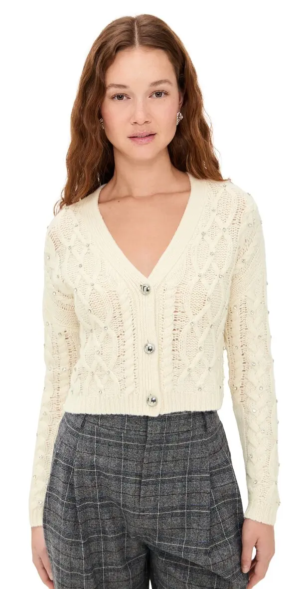 LE BOP Cable Knit Rhinestone Button Cardigan - Ivory