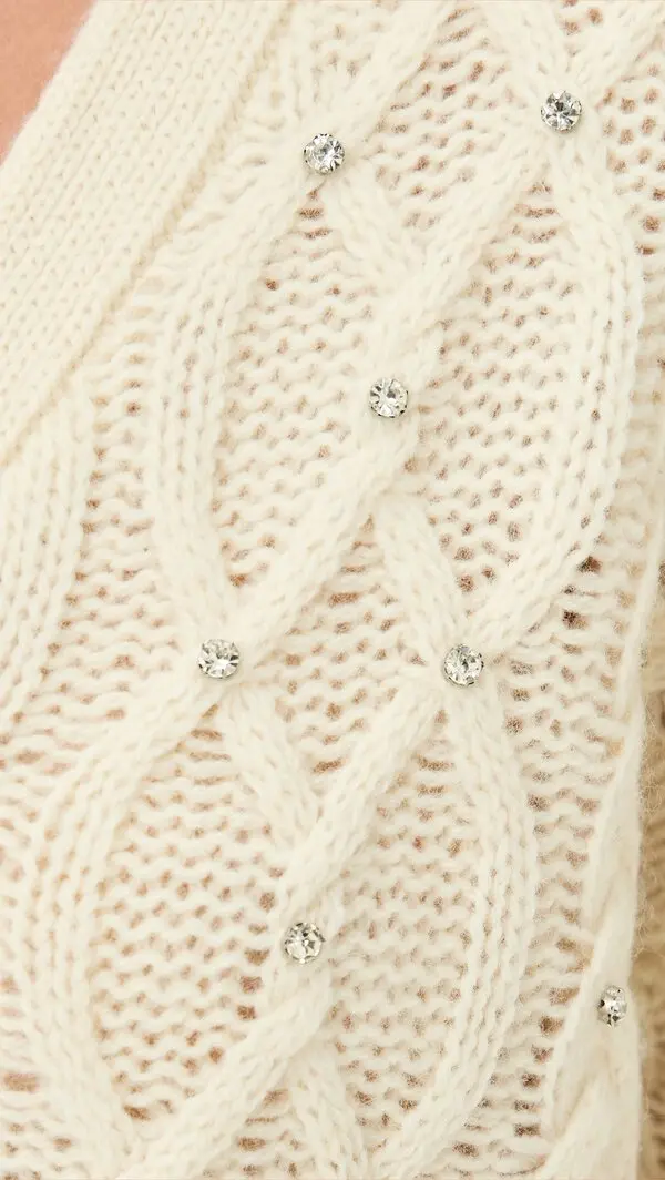LE BOP Cable Knit Rhinestone Button Cardigan - Ivory
