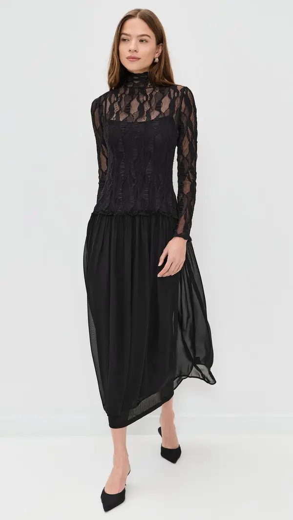 ulla johnson black lace dress Lucienne Lace-Trimmed Silk Midi Dress By Ulla Johnson