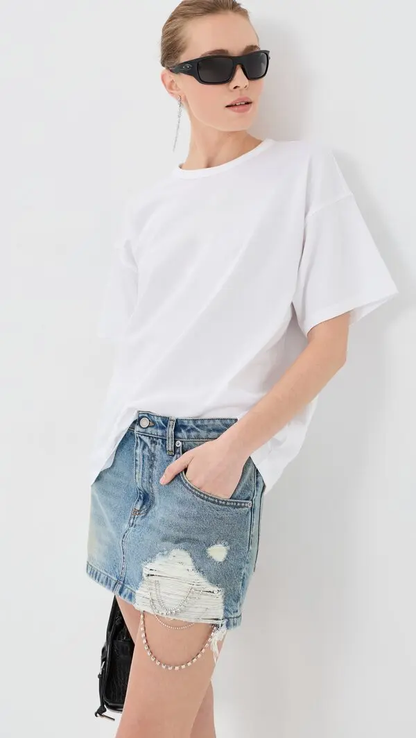 AREA Crystal Fray Denim Miniskirt