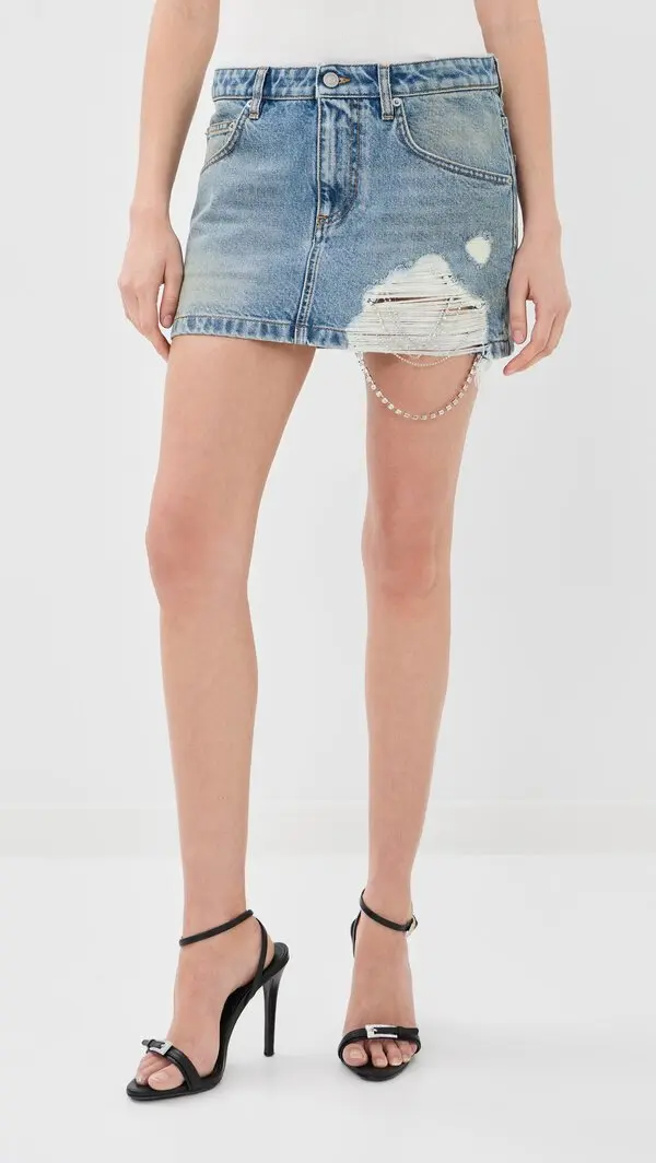 AREA Crystal Fray Denim Miniskirt