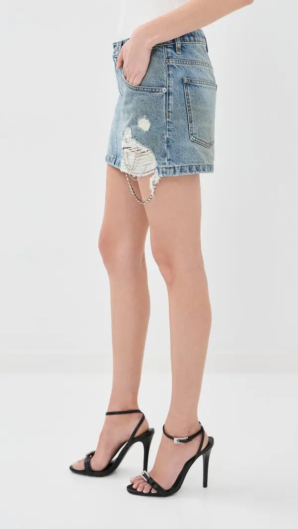 AREA Crystal Fray Denim Miniskirt