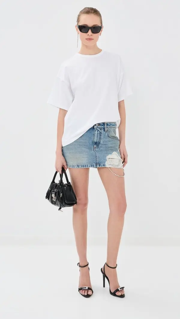 AREA Crystal Fray Denim Miniskirt