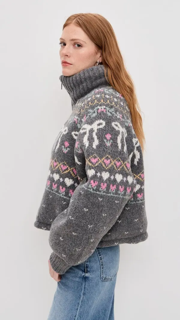 Blanknyc Bow Fair Isle Zip-up Sweater