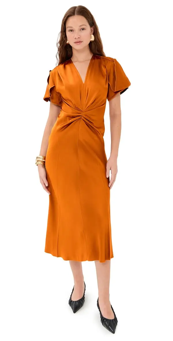 Victoria Beckham Gathered V-neck Midi Dress - Bronze