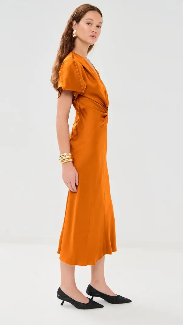 Victoria Beckham Gathered V-neck Midi Dress - Bronze