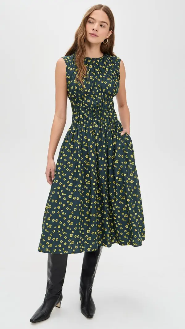 Merlette Villard Floral Print Midi Dress - Lemon Navy Floral Print