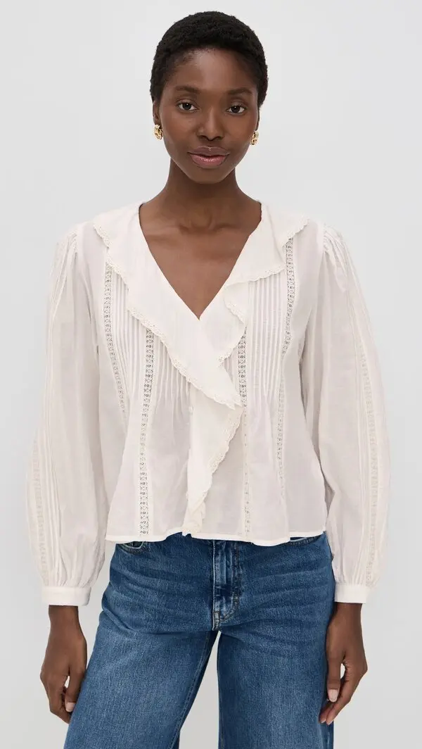 Madewell Lace-insert Ruffled Pintuck Long-sleeve Top - Winter White