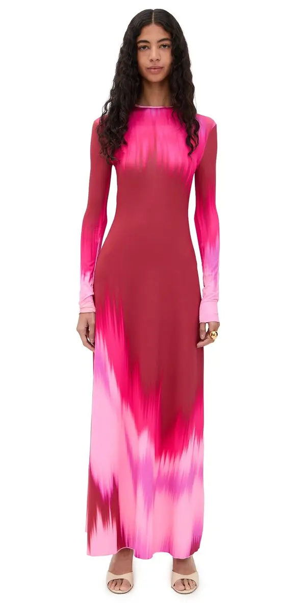 Eywasouls Malibu Ombré Print Long Sleeve Maxi Dress - Pink Colorflow