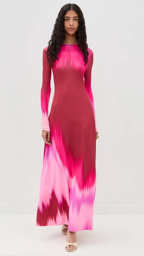 Eywasouls Malibu Ombré Print Long Sleeve Maxi Dress - Pink Colorflow